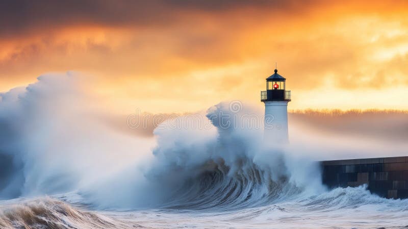 A Lighthouse is Surrounded by a Large Wave in the Ocean, AI Stock Photo ...