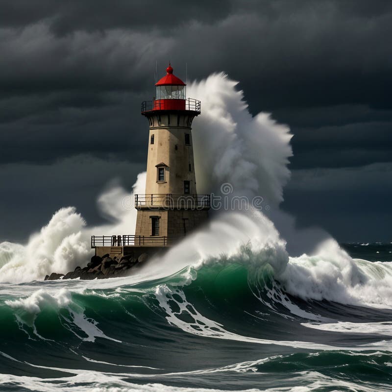 A Lighthouse Surrounded by Massive Waves in the Middle of an Ocean, a ...
