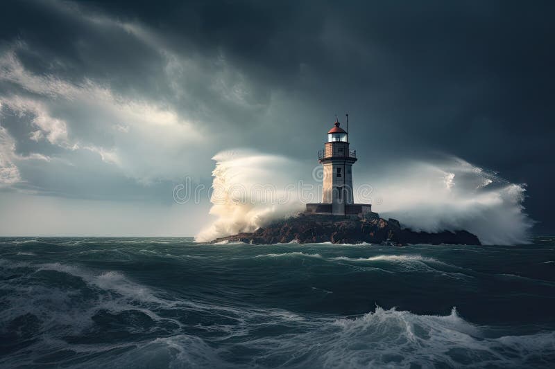 Lighthouse Surrounded by Stormy Sea and Lightning Stock Illustration ...