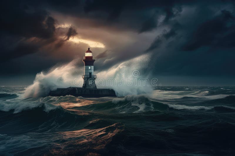 Lighthouse Surrounded by Stormy Sea and Lightning Stock Illustration ...
