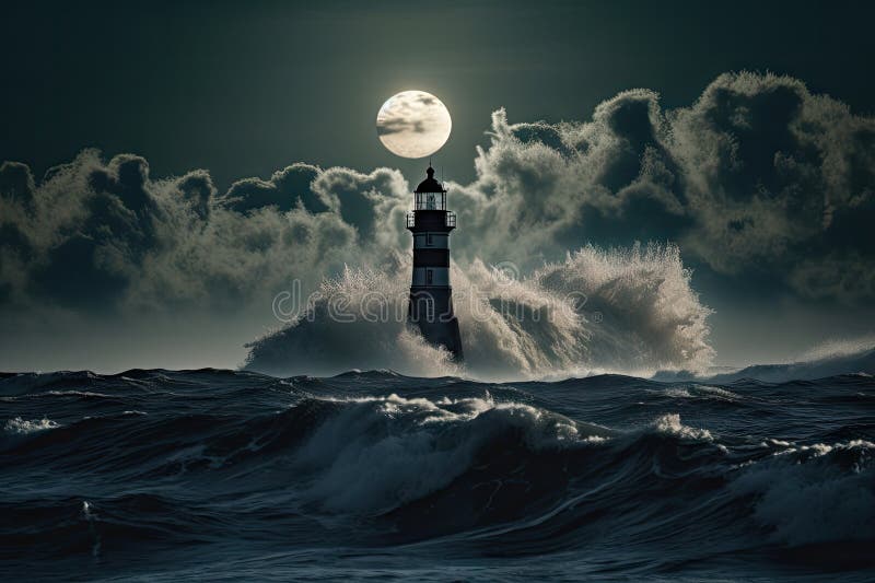 Lighthouse Surrounded by Waves, with the Moon Shining Above Stock ...