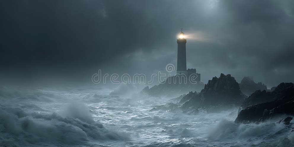 Lighthouse in Tempest Dramatic Coastal Scene Powerful Waves Guiding ...