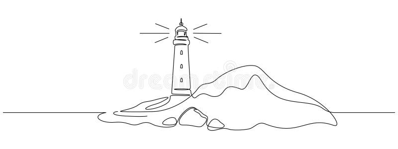 Lighthouse Tower in One Continuous Line Drawing. Light House with Beams ...