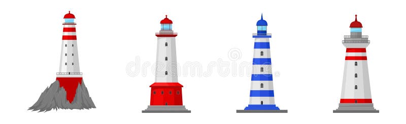 Lighthouse Tower Serving As Navigational Aid on Sea Vector Set Stock ...