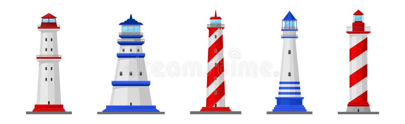 Lighthouse Tower Serving As Navigational Aid on Sea Vector Set Stock ...