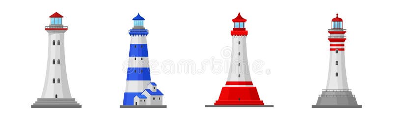 Lighthouse Tower Serving As Navigational Aid on Sea Vector Set Stock ...