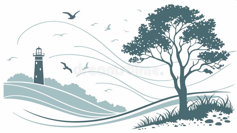 Lighthouse and Tree on a Hill Overlooking the Sea Vector Design ...