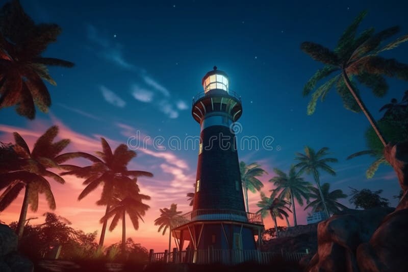 Lighthouse on a Tropical Island at Night Stock Illustration ...