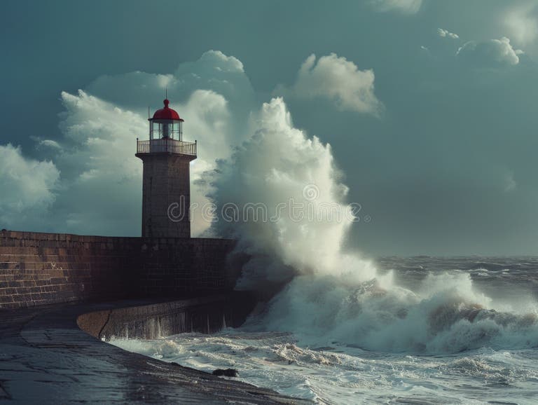 Lighthouse Under Attack by Massive Ocean Wave Stock Image - Image of ...