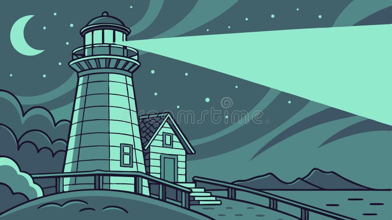 Lighthouse Under Crescent Moon, Guiding Light at Night, Vector Design ...