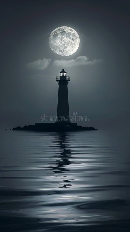 Lighthouse Under the Full Moon at Night with Reflection on Water Stock ...