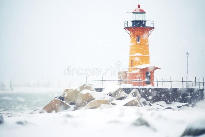 Lighthouse Under Heavy Snowfall, Sea Spray Freezing on Lens Stock Image ...