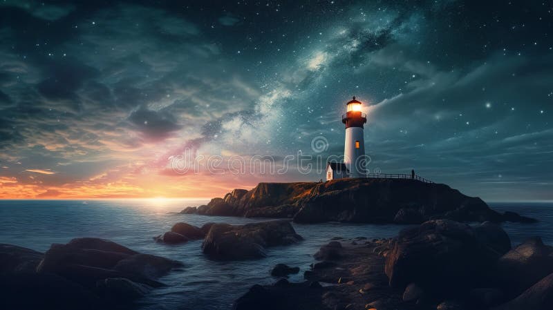 A Lighthouse Under Night Sky. Generative AI Stock Illustration ...