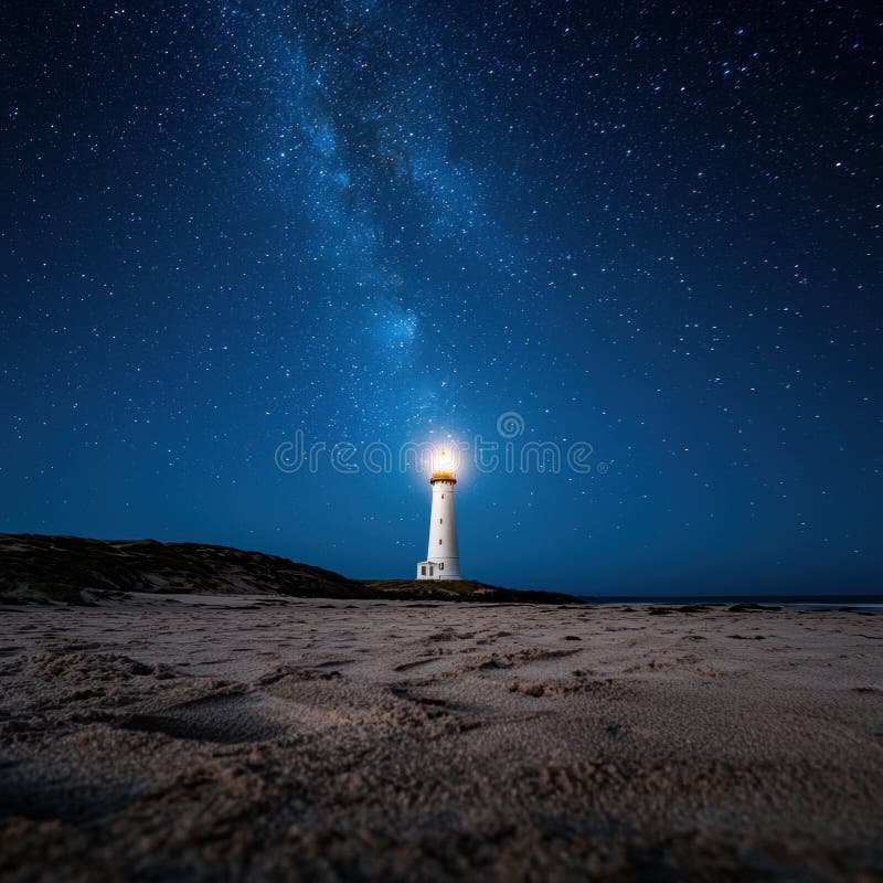 Lighthouse Under the Night Sky with Stars. Stock Illustration ...