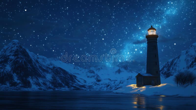 Lighthouse Under Starry Night Sky, Mountains, Snow Stock Photo - Image ...