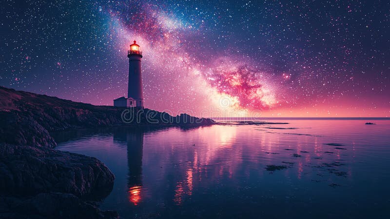 Lighthouse under the stars stock illustration. Illustration of universe ...