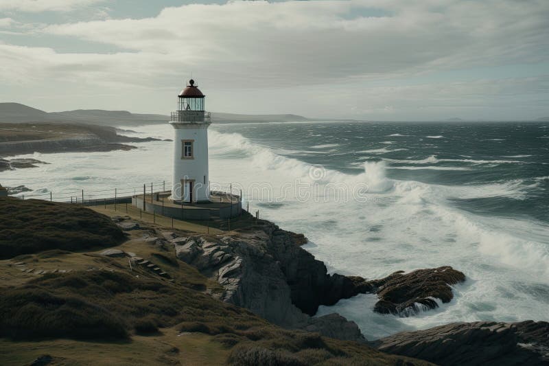 Lighthouse, with View of the Open Sea and Waves Rolling into Shore ...