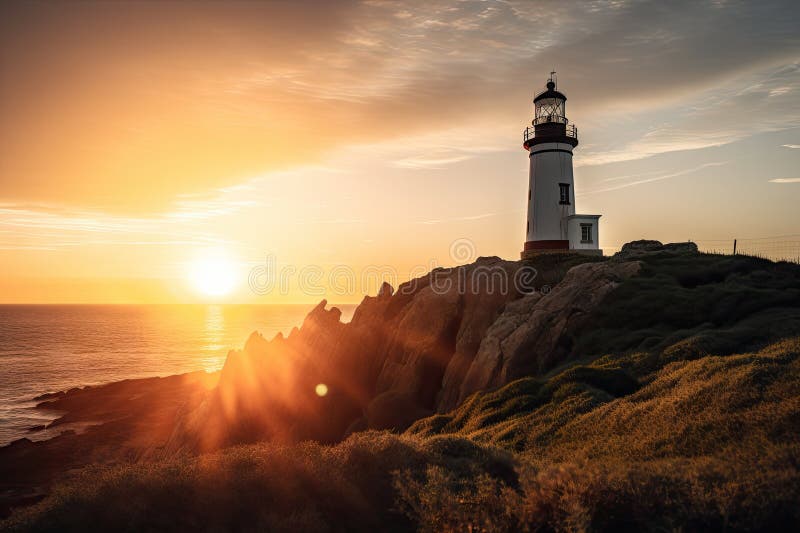 Lighthouse, with View of the Sun Rising Over the Horizon, Casting Its ...