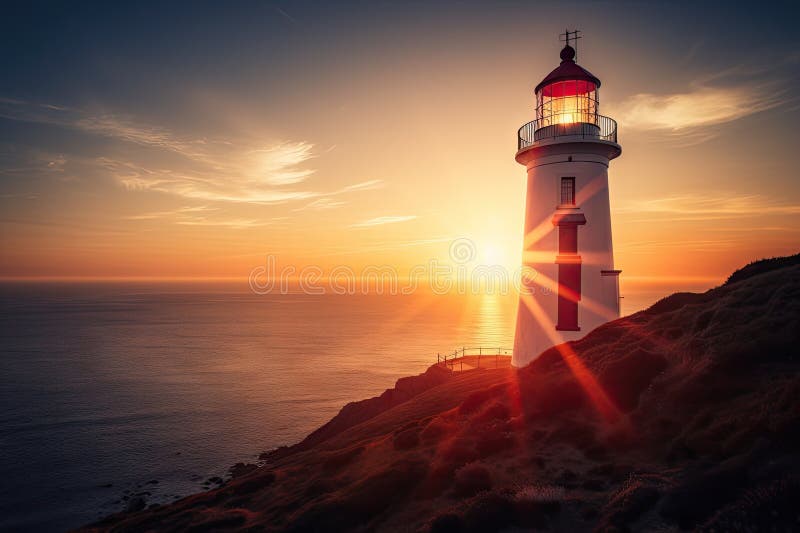Lighthouse, with View of the Sun Rising Over the Horizon, Casting Its ...