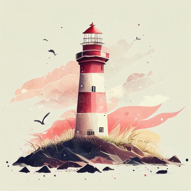 Lighthouse Watercolor Drawing Generative AI Stock Vector - Illustration ...