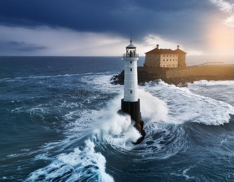 Lighthouse, Waves in Ocean Storm and Building of Port Direction. Aerial ...
