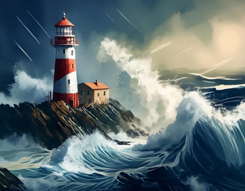 Lighthouse, Waves in Ocean Storm and Building of Port Direction. Aerial ...