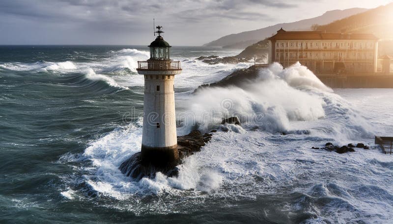 Lighthouse, Waves in Ocean Storm and Building of Port Direction. Aerial ...
