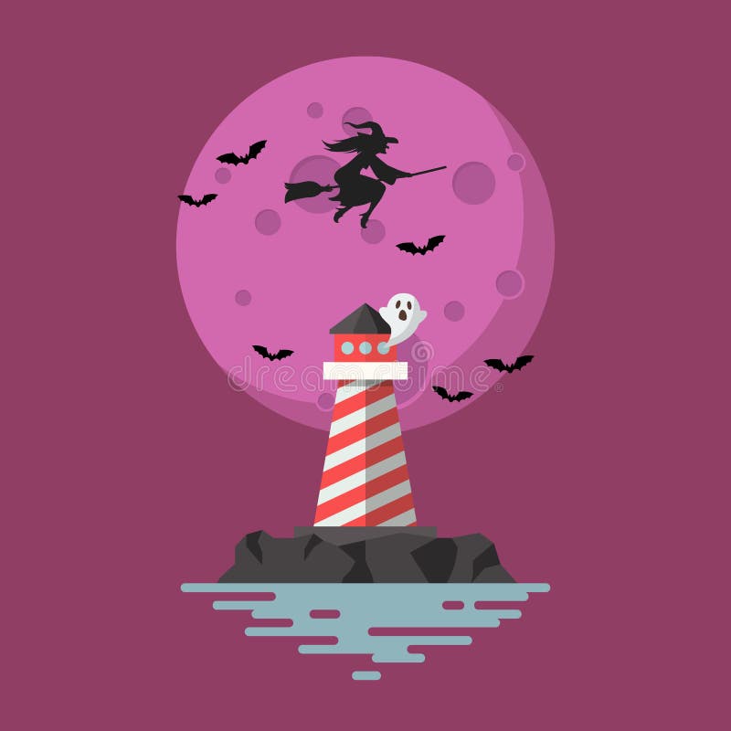 Lighthouse with Witch Flying Over the Moon Stock Vector - Illustration ...