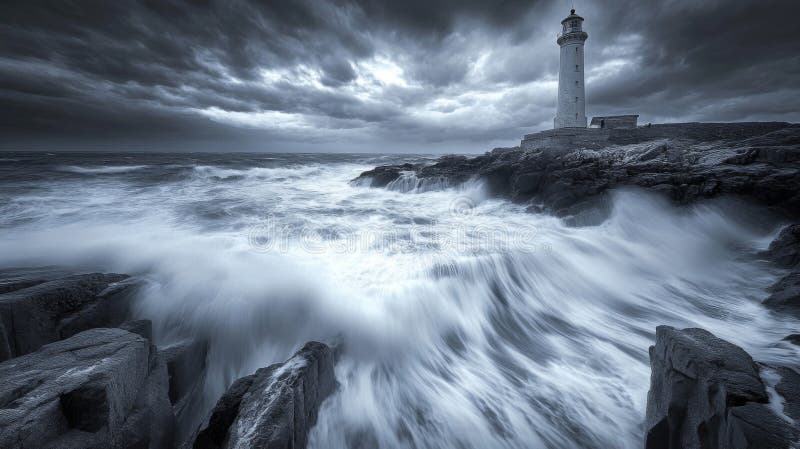 Lighthouse Withstanding a Powerful Storm at Sea Stock Illustration ...