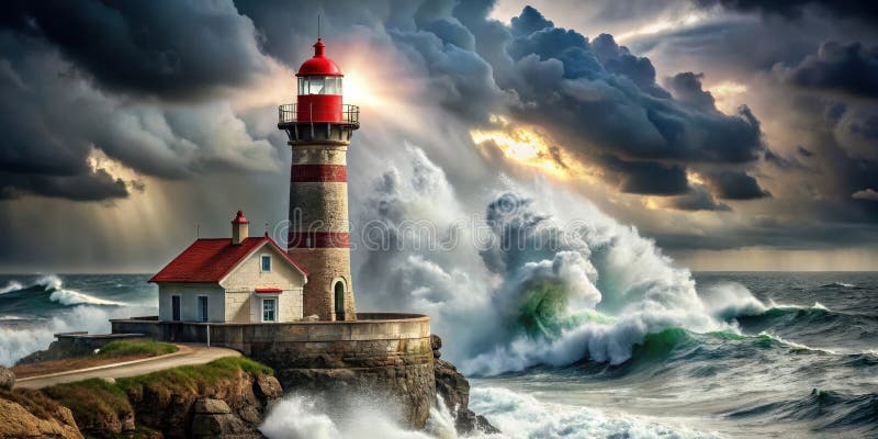 Lighthouse Withstands Powerful Ocean Waves during a Dramatic Storm ...