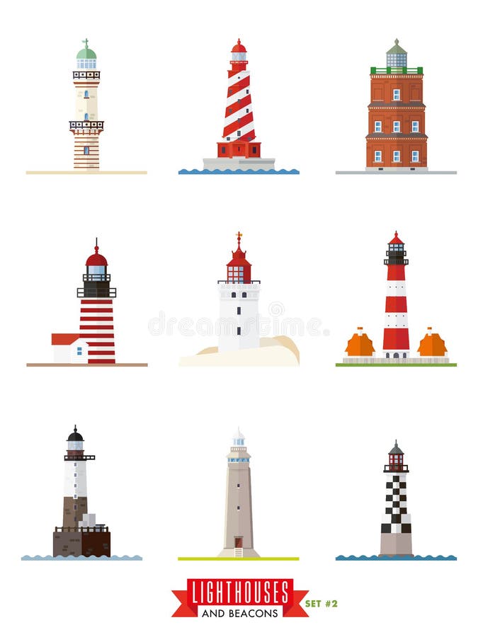 Lighthouses Flat Design Icons Set 2 Stock Vector - Illustration of ...
