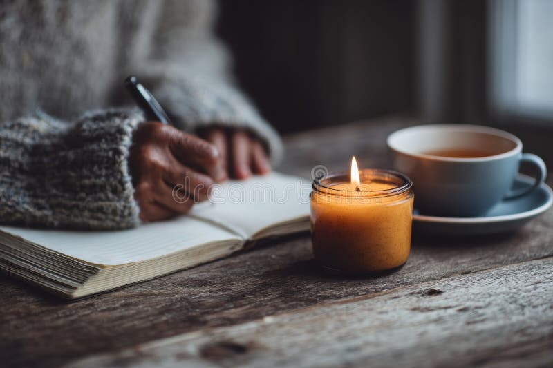 Lighting a Candle Next To an Open Notebook and a Cup of Tea during a ...