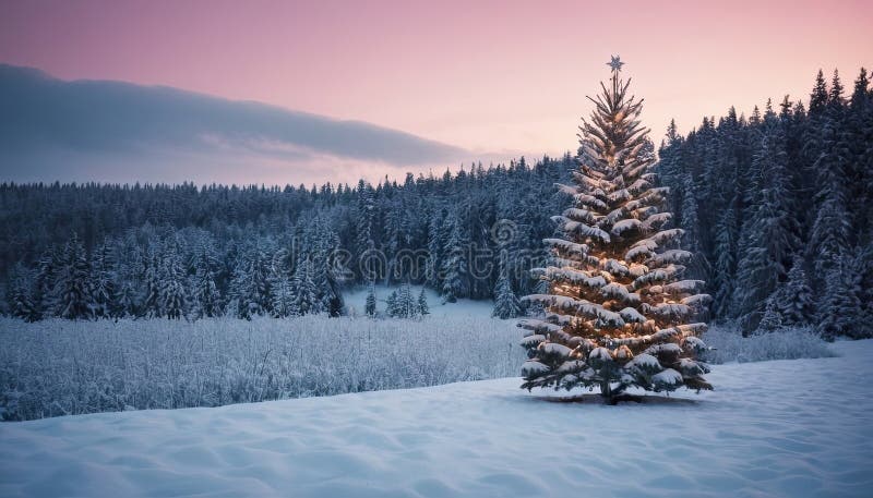Lite Christmas Tree in a Field, Snow Forest in the Background. Stock ...