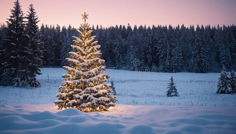 Lite Christmas Tree in a Field, Snow Forest in the Background. Stock ...