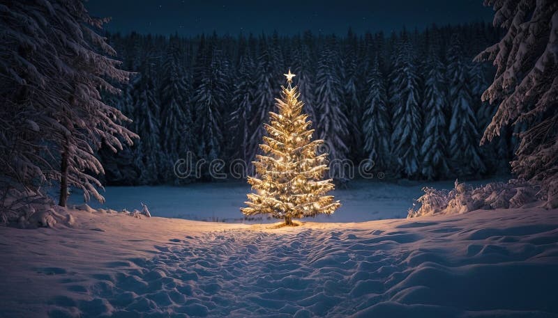 Lite Christmas Tree in a Field, Snow Forest in the Background. Stock ...