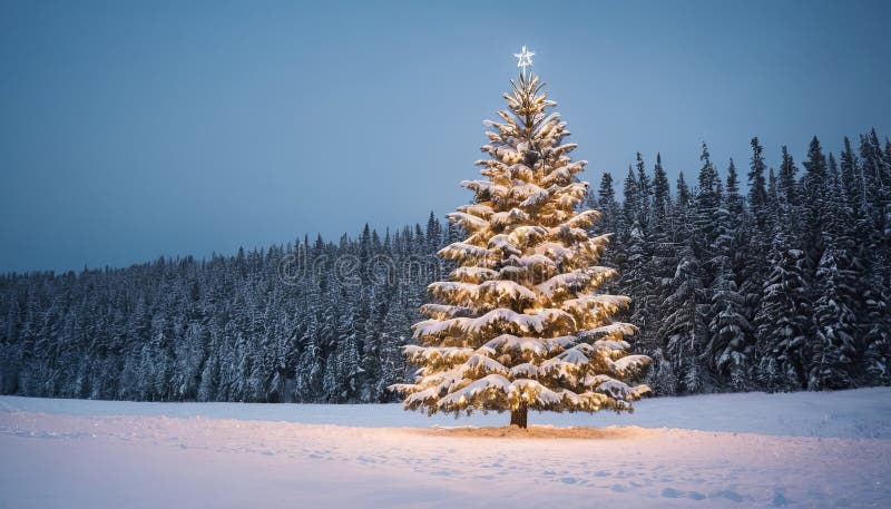 Lite Christmas Tree in a Field, Snow Forest in the Background. Stock ...