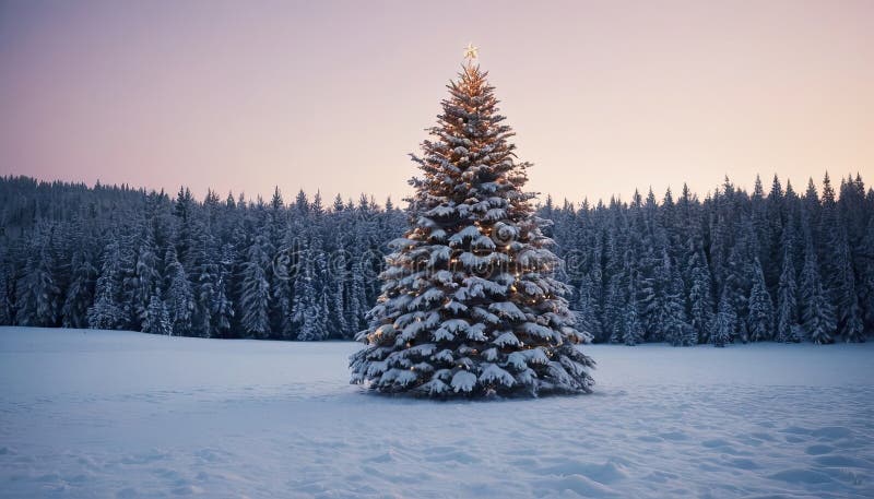 Lite Christmas Tree in a Field, Snow Forest in the Background. Stock ...