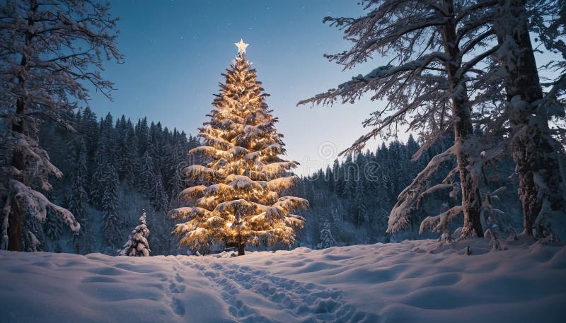 Lite Christmas Tree in a Field, Snow Forest in the Background. Stock ...