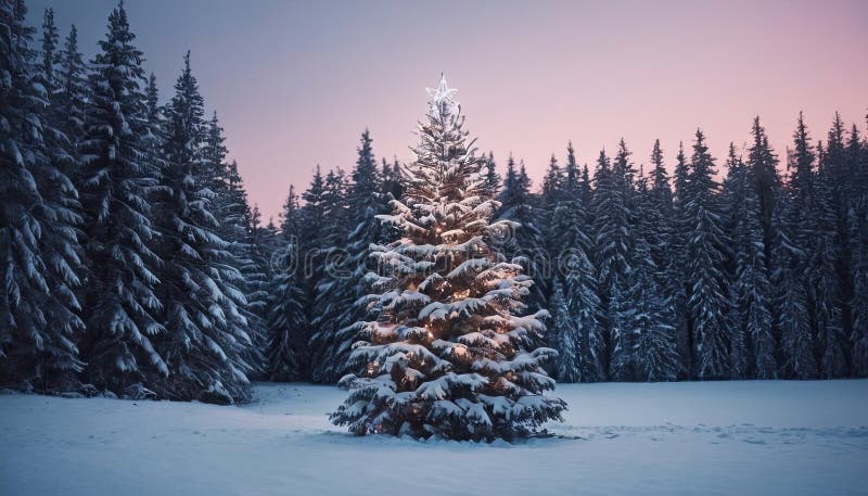 Lite Christmas Tree in a Field, Snow Forest in the Background. Stock ...