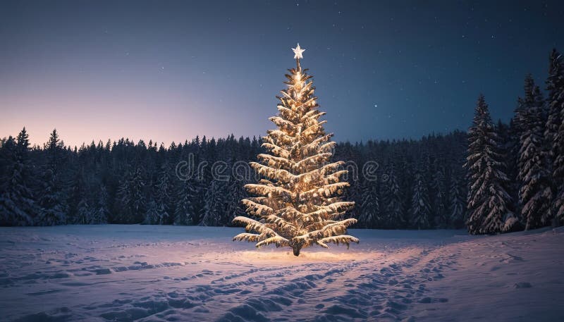 Lite Christmas Tree in a Field, Snow Forest in the Background. Stock ...