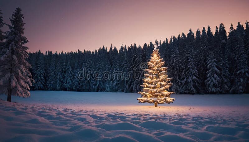 Lite Christmas Tree in a Field, Snow Forest in the Background. Stock ...