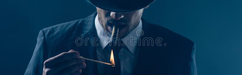 Lighting Cigar with Match on Dark Stock Photo - Image of burn, elegance ...