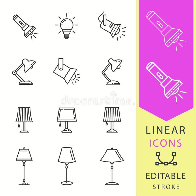 Lighting Icons Set. Black Vector Illustration. Editable Stroke. Stock ...