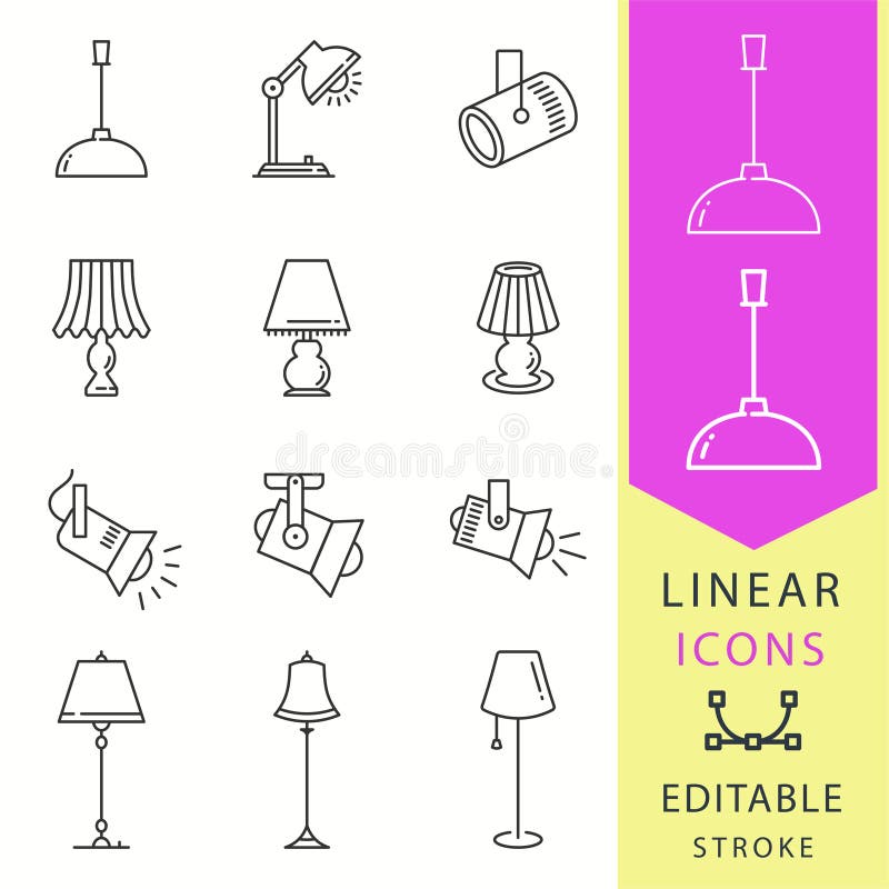 Lighting Icons Set. Black Vector Illustration. Editable Stroke. Stock ...