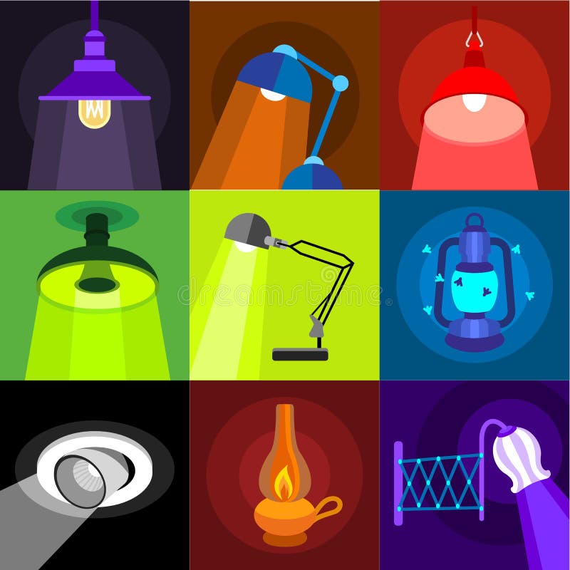 Lighting Icons Set, Flat Style Stock Vector - Illustration of invention ...