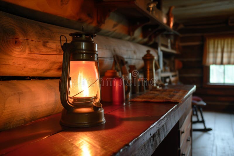 Lighting an Oldfashioned Lantern on a Log Cabin Counter Stock Image ...