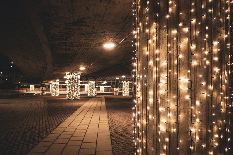 Lighting on Pillars Under a Bridge Stock Image - Image of building ...