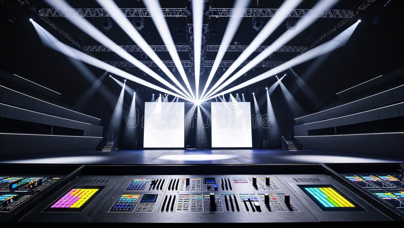 Lighting and Sound Control Desk Illuminating Empty Stage with ...