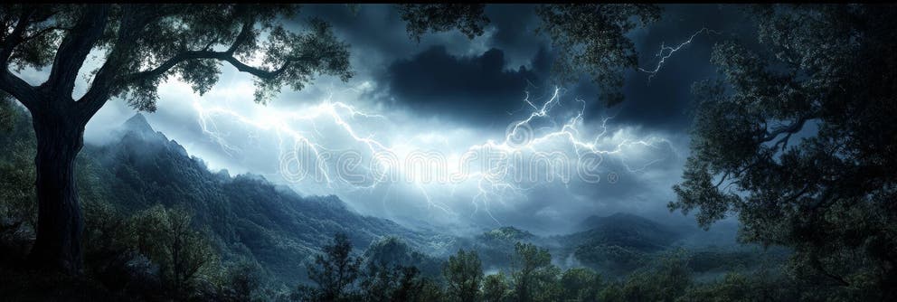 Lighting Strikes a Forest in a Dramatic Thunderstorm Scene Stock Image ...