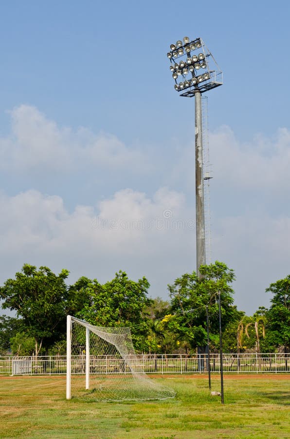 Lighting Tower of Stadium with Football Goal Stock Photo - Image of ...